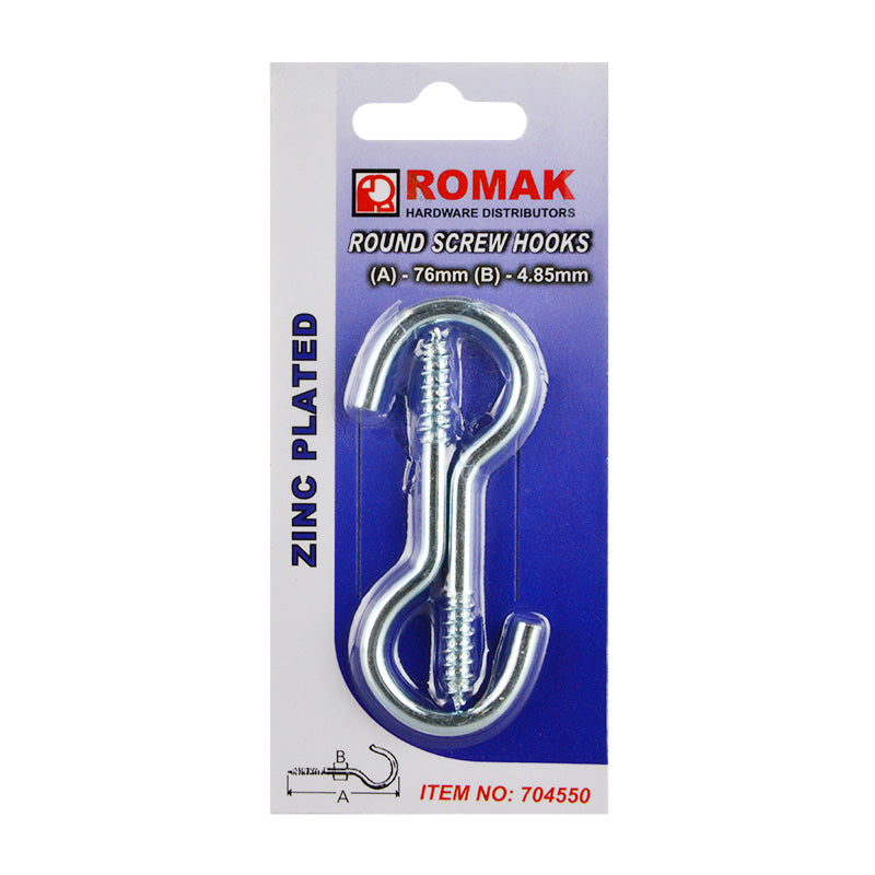 Round Screw Hook 76mm Zinc 2pk